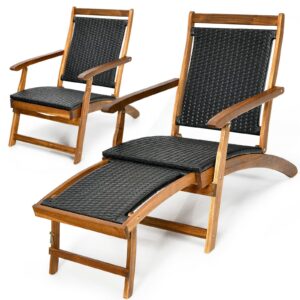 2pcs outdoor patio folding pe rattan lounge chair chaise lounge deck chair recliner sunbathing bed retractable footrest flexible transformation between lounge chair to armchair ergonomic backrest