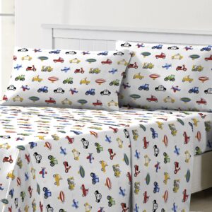 dream factory kids sheet set lightweight microfiber bed sheets super soft easy wash cozy bedding 10” pocket - twin, blue trucks tractors cars