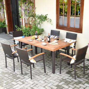 tangkula 7-piece wicker patio dining set, patiojoy outdoor rattan garden yard furniture set, acacia wood tabletop dining table with umbrella hole & 6 stackable rattan chairs set