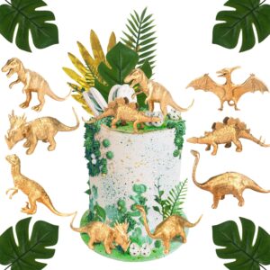 16 pcs metallic gold dinosaur cake decorations dino theme cake topper with artificial palm leaves dinosaur eggs for kids boys girls baby shower birthday party supplies