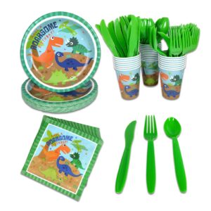 goochoo 144 pack dinosaur party supplies sets severs 24 person including plates napkins cups and cutlery for birthday party