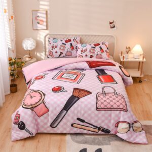 aimuan fashion girl comforter sets cosmetic perfume bag lipstick diva pink quilt set nail polish pattern decorative quilted 3 pcs makeup bedding set with 2 pillowcases (pink, twin)