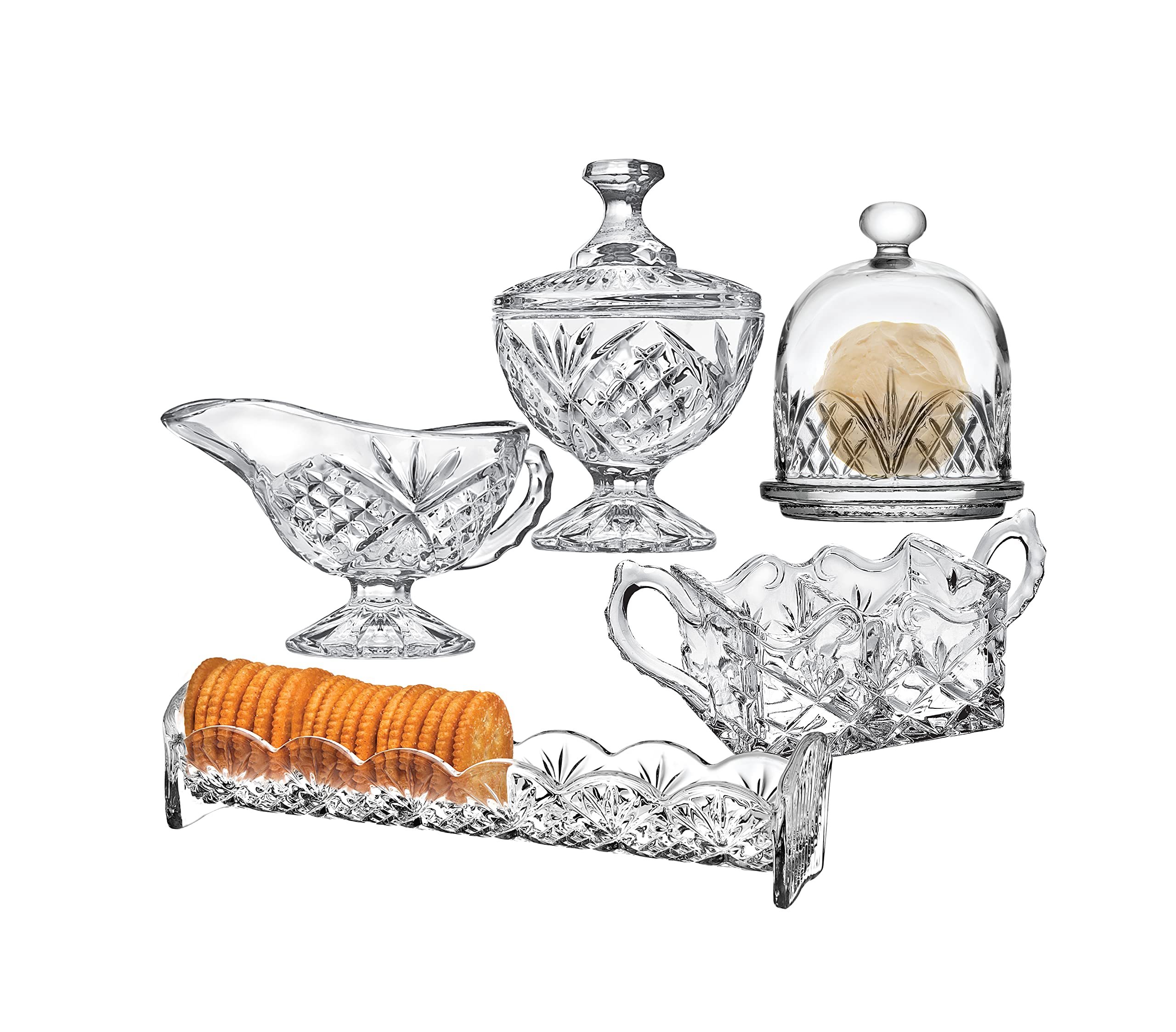 Godinger Serving Hostess Set - Butter Dish, Sugar and Creamer, Packet Holder, Cracker Tray - 5 Piece Set, Dublin Collection