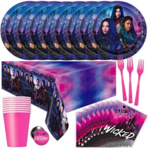 disney descendants party supplies kit | birthday decorations | serves 16 guests | table cover, plates, cups, napkins, forks, button | descendants 2 and 3 featuring mal and uma