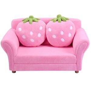 fireflowery kids sofa, children upholstered loveseat lounge bed w/ 2 cute strawberry pillows, children couch armrest, double seat kid sofa for playroom bedroom living room baby room, pink