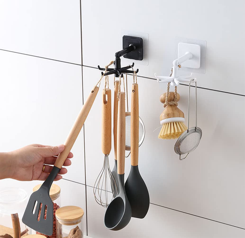 Fengirl Kitchen Utensil Hanger with 6 Hooks, Under Cabinet Utensil Holder Hanger Hook for Kitchen and Bathroom, 360° Rotatable Space Saving No Drilling Nail Free Organizer Hook, 2 Pack (Black)