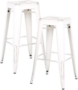 ac pacific backless metal barstools, modern industrial light weight stackable counter height bar stools set of 2 for indoor and outdoor use, 30" high, distressed snow white