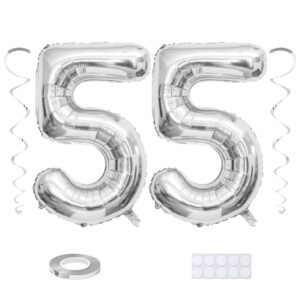 maigendoo jumbo 55 number balloon 40 inch large digit balloons huge helium balloon foil mylar balloon with swirl decorations for 55th birthday party graduation celebration anniversary event, silver