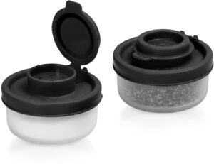 signoraware salt and pepper shakers moisture proof set of 2 small mini salt shaker to go camping picnic outdoors kitchen lunch boxes travel spice set clear with black covers plastic airtight dispenser