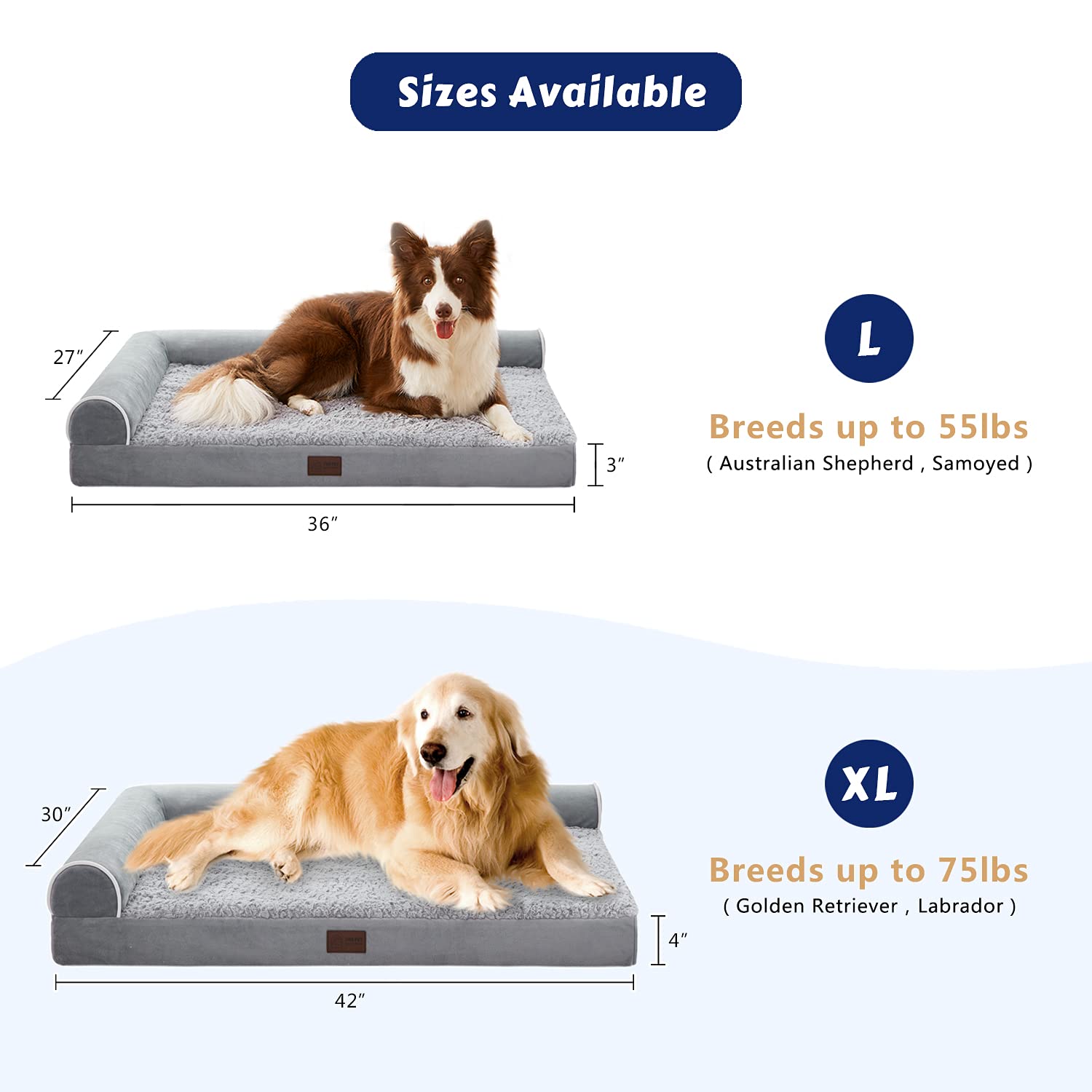 WESTERN HOME Orthopedic Dog Beds Extra Large Sized Dog, Pet Sofa Bed with Removable Washable Cover, Egg Foam Support, Bolster Cushion for Comfortable Sleep, Waterproof Lining and Non-Slip Bottom