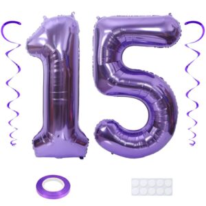 maigendoo jumbo 15 number balloon 40 inch large digit balloons huge helium balloon foil mylar balloon with swirl decorations for 15th birthday party graduation celebration anniversary event, purple