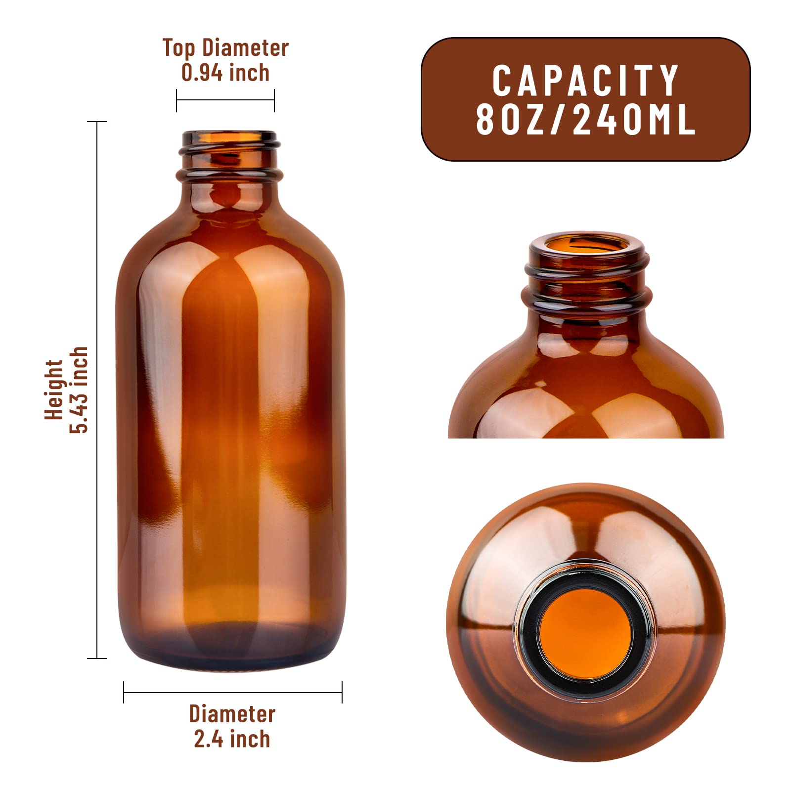 PINIWON 12 Pack 8 oz Amber Glass Bottles, 240ml Boston Round Sample Bottles with Black Poly Cone Caps, Labels and Funnels