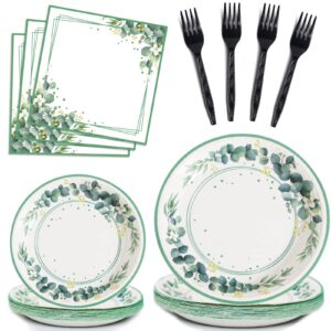 96 pieces sage greenery party supplies tableware set eucalyptus leaf jungle theme party table decorations bridal baby shower safari birthday wedding paper plates napkins forks for 24 guests