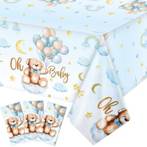 3 pack teddy bear baby shower tablecloth plastic table cover balloon bear rectangle tablecloth for boy girl gender reveal birthday baby shower bear theme party decor, 54 x 108 inch (blue)