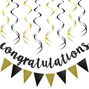 glitter congratulations banner triangle flag banner with 12 pieces hanging swirls for wedding retirement graduation anniversary party decorations (black, gold)