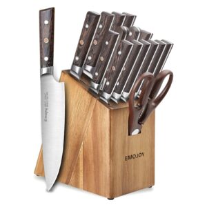 emojoy knife set, 16 pcs kitchen knife set with block, chef knife set with sharpener, stainless steel professional knife for kitchen