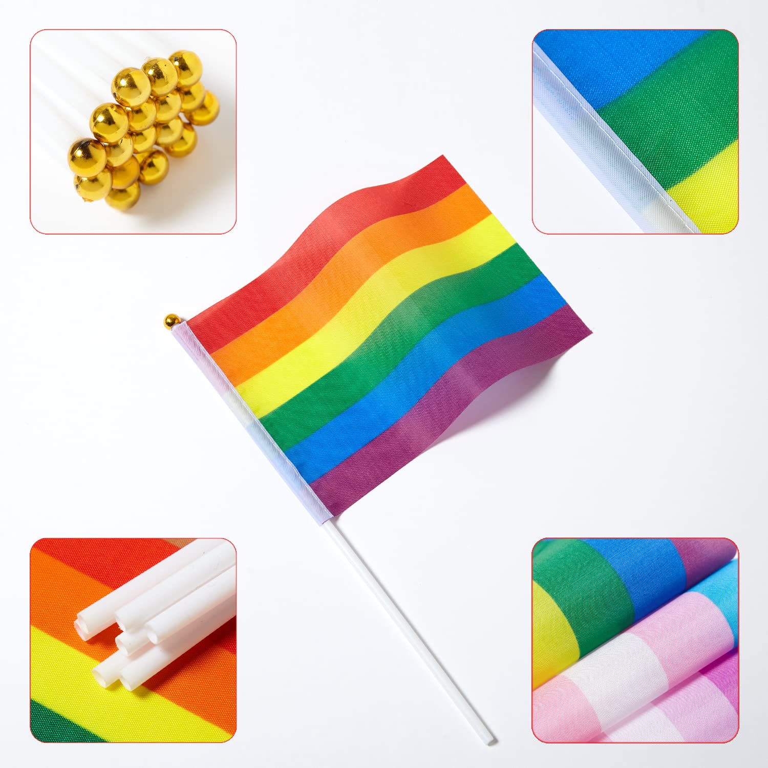 GentleGirl 12 Pack Pride Rainbow Flags Rainbow Small Mini Hand Held Stick Flag Gay LGBT Festival Party Parades Decorations