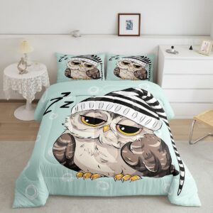 owl sherpa comforter set queen,sleeping sign bedding set 3pcs for kids teens girls room decor,contemporary style quilt set romantic duvet insert with 2 pillowcases,light green