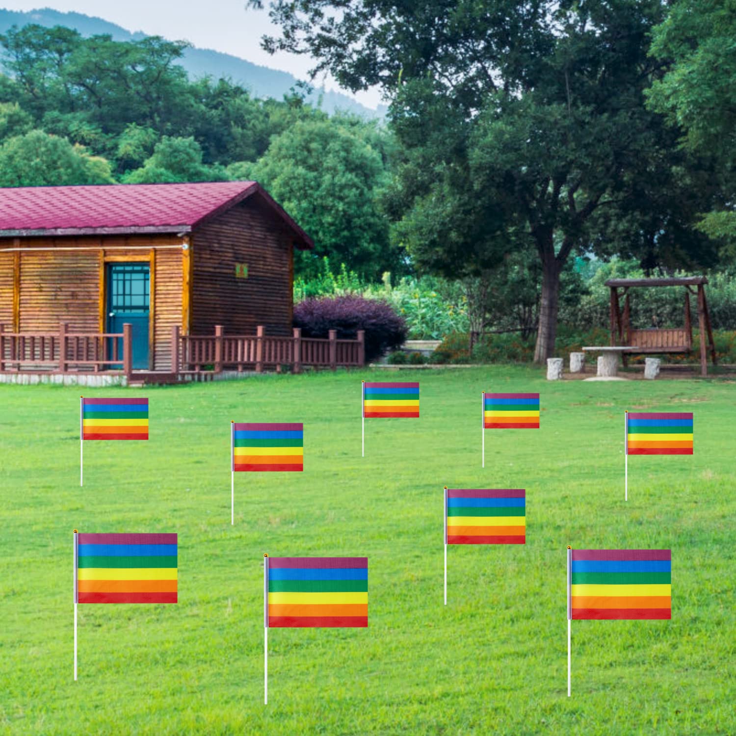 GentleGirl 12 Pack Pride Rainbow Flags Rainbow Small Mini Hand Held Stick Flag Gay LGBT Festival Party Parades Decorations