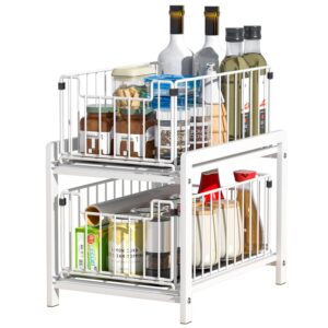 lxmons 2 tier sliding basket drawer organizer, pull out under sink cabinets organizer, metal home organizer shelf for bathroom or kitchen, sliding countertop or pantry storage shelf, large white