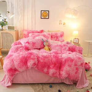 jameswish shaggy plush duvet cover set super soft fluffy faux fur comforter cover set luxury fuzzy bedding set 3 piece(1duvet cover+2pillowcases) with zipper closure(full size,pink white ombre)