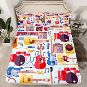 manfei musical kids fitted sheet twin size, musicalguitar radio drum kit headset print bedding set 2pcs for boys girls, rock music bed cover with 1 pillowcase, soft polyester bedding, no top sheet