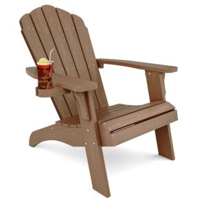 yefu oversized plastic adirondack chair with cup-holder (large dual-purpose), weather resistant, poly lumber outdoor chairs duty rating widely used in patio, lawn, outside, deck, garden chairs-teak