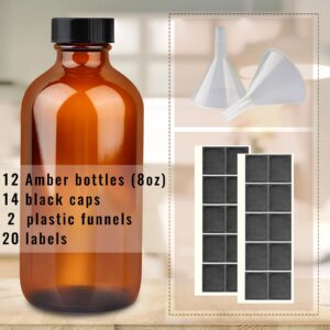 PINIWON 12 Pack 8 oz Amber Glass Bottles, 240ml Boston Round Sample Bottles with Black Poly Cone Caps, Labels and Funnels