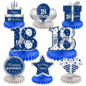 kauayurk 8pcs 18th birthday decorations table centerpiece party supplies, blue silver happy 18 year old birthday honeycomb centerpieces, eighteen birthday table topper decor