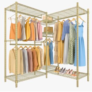 vipek l6 l shaped clothes rack heavy duty clothing rack for corner, 5-tier wire garment rack metal freestanding closet with adjustable shelves, 46.5" l x 46.5" w x 76.4" h, max load 850lbs, gold