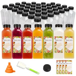 tomnk 100pcs plastic bottles with caps, 16oz juice bottles, juice bottles with caps with black caps juice bottles with label, funnel and brush beverage containers for juicing, smoothies, tea, milk