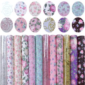 shalun 12 pcs/pack a4 floral printed glitter faux leather fabric sheets rainbow gold rose flower pattern glossy mirror transparent pvc vinyl for cricut maker jewelry making 8x12 inch