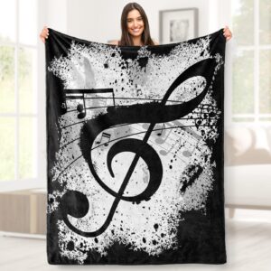 throw blankets music note gift, double-sided premium soft blanket for adult kids, lightweight cozy flannel musical gifts blanket for bed sofa home office arts decor (white and black) 50x60 inch