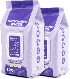 nuesta pet wipes for dogs & cat wipes xl & thick deodorizing dog wipes for paws and butt cleaning (2 packs of 120, lavender vanilla)