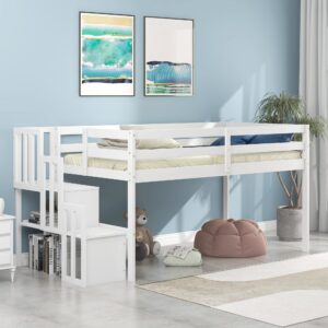 citylight low loft bed with staircase,twin size kids loft bed with step storage,wood loft bed frame twin with safety guardrails for girls, boys,white