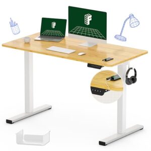 flexispot adjustable desk quick assembly electric standing desk with 48 x 24 inches whole-piece ergonomic memory controller sit stand desk(white frame + 48" bamboo texture desktop)