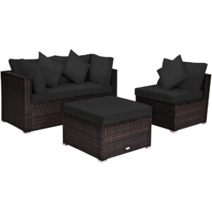 tangkula 4 pcs patio rattan sofa set, outdoor wicker sectional furniture set, patio conversation set with removable cushions & pillows for backyard porch garden poolside balcony (black)