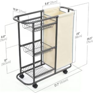 Doxbom Rolling Laundry Sorter Cart Gray Laundry Basket with Heavy Duty Wheels Movable Bathroom Slim Organizer Laundry Storage Baskets 3-Tier Storage Shelves with 1 Bag for Clothes