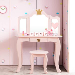 mat expert kids vanity table & stool, princess makeup dresser w/removable tri-folding crown mirror, 2 in 1 wooden kids girl vanity w/drawer, princess pretend play makeup dresser gift (pink)