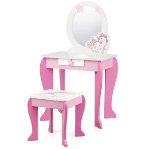 mat expert kids vanity set with stool & mirror, toddler girls pretend play vanity w/detachable mirror, princess dressing makeup table set w/drawer, makeup table and stool playset for girls (pink)