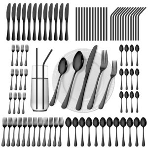 gutuwellea 84 pieces black silverware set service for 12 flatware set with straws stainless steel utensils cutlery set dishwasher safe