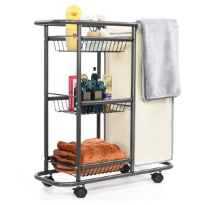 doxbom rolling laundry sorter cart gray laundry basket with heavy duty wheels movable bathroom slim organizer laundry storage baskets 3-tier storage shelves with 1 bag for clothes