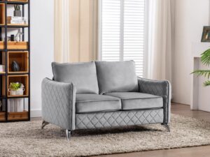 artechworks velvet loveseat sofa couch mid century modern, tufted upholstery, reception love seats,2-seat chair couch,office,home,bedroom,livingroom, apartment, silver tone metal legs, grey