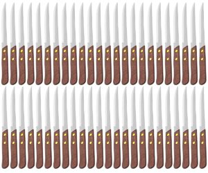 tezzorio (pack of 48) serrated-edge pointed-tip steak knives, 4-1/2-inch stainless steel blade steak knives with wooden handles for restaurant