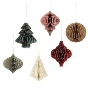 nicrolandee christmas party decorations - 6 pcs 3d mini glitter edge paper honeycomb lantern green, red, brown, ivory, gray hanging ornaments for christmas tree décor, new years party, home decor