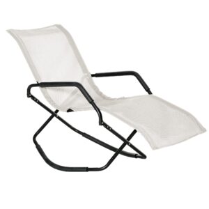 outsunny outdoor folding rocking chair, foldable chaise lounge pool chair with armrests for sun tanning, sunbathing, rocker for patio, lawn, beach, white