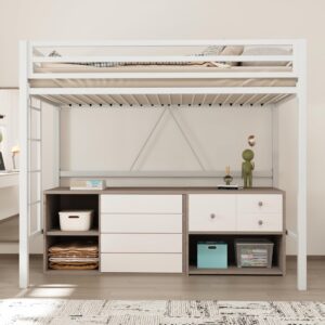 allewie metal loft bed twin size with full length guardrail, space-saving design for dorm, no box spring needed, matte white