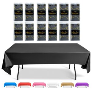 black plastic tablecloth for parties disposable, pack of 12, thick black plastic table cloths good for wedding, birthday, picnic, camping, bbq, black plastic tablecloth with 12 clips - 54x108-inch