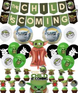 baby yoda the child is coming baby shower decorations, baby shower party supplies with foil baby yoda balloon, the child is coming banner, cake toppers, balloons for kids boys party