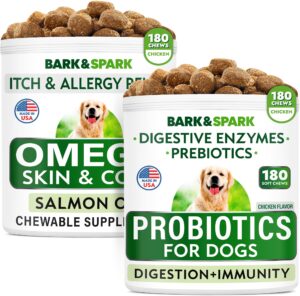 dog probiotics chews + omega 3 for dogs bundle - gas, diarrhea, constipation, upset stomach relief + allergy and itch relief - digestive enzymes + prebiotics + omega 3 - skin and coat support